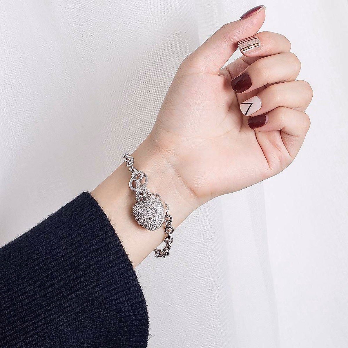 Meilanduo Solid 925 Sterling Silver Rolo Chain Link Bracelet with Key Heart Pendant ALL SIZE for Women (6.3)