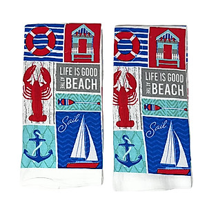 Coastal Living Seascapes Cotton Printed Summer Themed Kitchen Towels, 15-Inch x 25-Inch, Set of 2 (Multicolor, Life is Good at The Beach Lobster Sailboat)