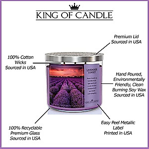 King of Candle - Lavender Sunset Candle | Large 3 Wick Highly Scented Soy Strong Lavender Candles for Home | Luxury / Relaxation / Aromatherapy / Housewarming Gifts for Women | 14 oz + Decorative Lid