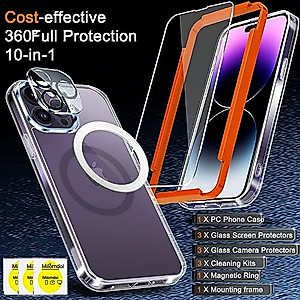 Milomdoi [10 in 1 for iPhone 14 Pro Max Case Clear with 3 Pack Screen Protector Accessories 3 Pack Camera Lens Cover Protective Slim Thin Cute Phone Cases Funda Suitable with MagSafe Women Men