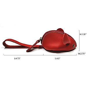 Genuine Leather Mouse Coin Purse Wallet, Womens Change Purse with Zipper, Cute Soft Leather Coin Pouch Mini Size - (Red)