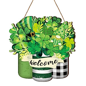 Spiareal Saint Patrick's Day Welcome Door Sign Shamrock Clover Lucky Hanging Door Decor St. Patrick's Day Wood Wreaths Front Door Decorations for Paddy's Irish Outdoor Farmhouse Porch