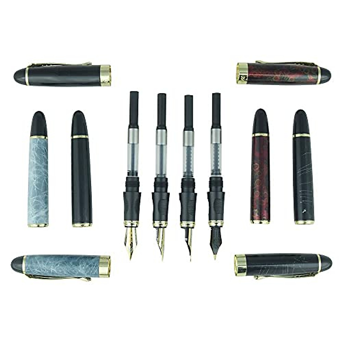 Jinhao 4 PCS X450 Fountain Pen Set, 4 Colors (Blue, Black, Red, Ice Cracks), Medium Nib With Ink Converter, Golden Trim, Gift Case