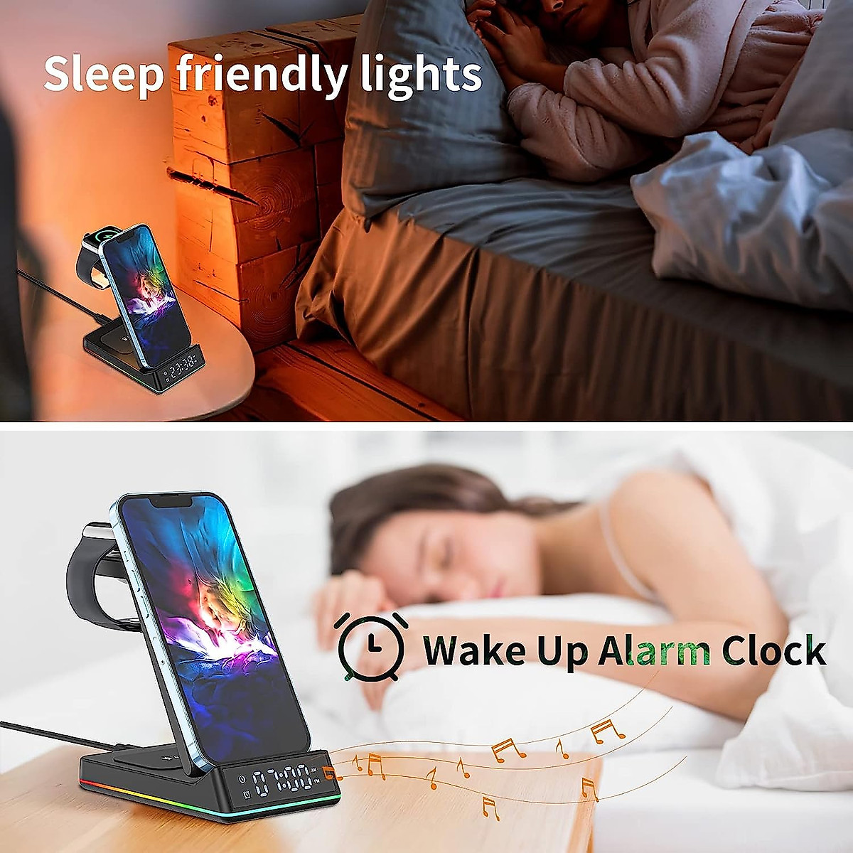 Wireless Charging Station, 5 in 1 Wireless Charger [with Alarm/Clock/Night Light] 15W Wireless Charging Dock Stand for iPhone 14/13/12/11,Samsung Phones,Apple Watch Series & Airpods