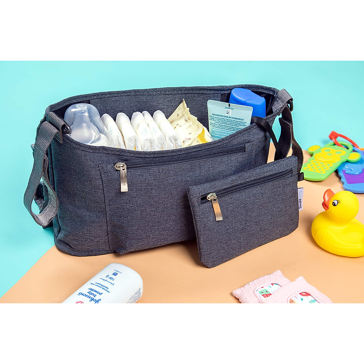 Simple Being Baby Stroller Organizer, Universal Fit Storage Compartments Travel Accessories Bag (Black)