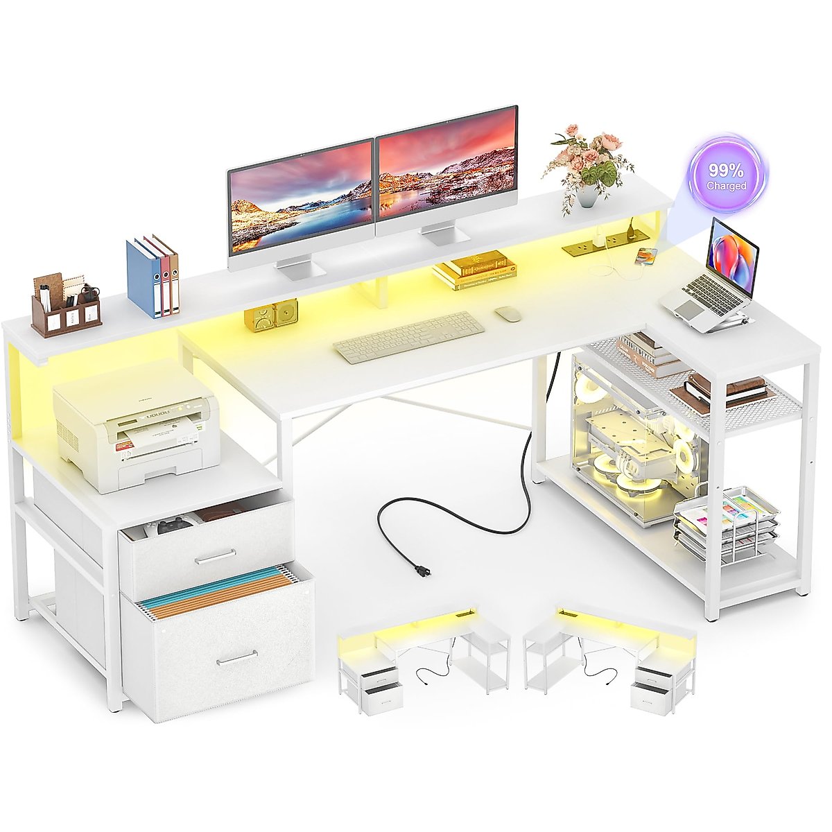 Aheaplus L Shaped Desk with File Drawer, Reversible L Shaped Computer Desk Gaming Desk with Power Outlet & LED Strip, Home Office Desk with Monitor Shelf, Corner Desk with Storage Shelves, White