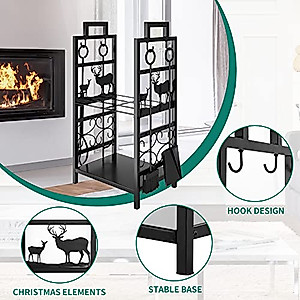 YITAHOME 2.6x1.3ft Firewood Rack Tools Set Wood Log Holder for Fire Place Outdoor Indoor Accessories - 2 Layer Iron with Brush, Shovel, Tong, Hook, Lumber Kit Storage Stacking, Black