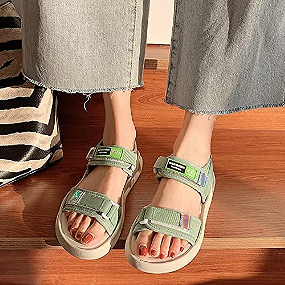 Memory Foam Sandals for Women Size 12 2023 Summer Fashion Outerwear Flat Bottom All Student Beach Non Slip Soft Bottom Sports Female Sandals (Green, 6.5)