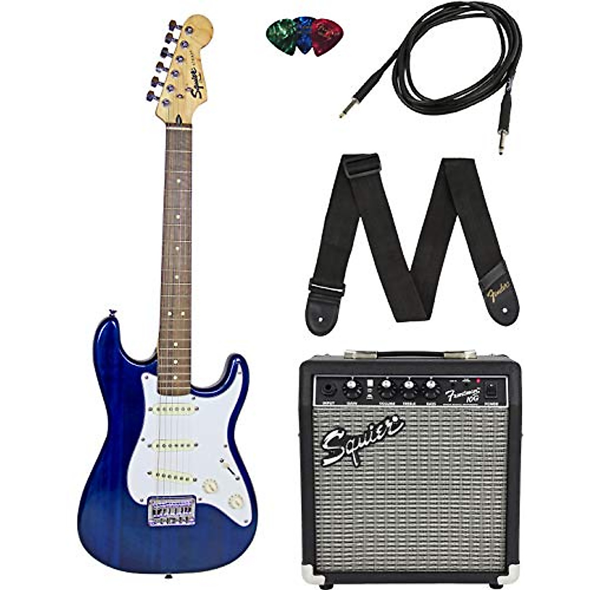 Fender Squier 24-Inch Short Scale Strat Pack - Transparent Blue Bundle with Frontman 10G Amplifier, Instrument Cable, Strap, Picks, Online Lessons, and Austin Bazaar Instructional DVD