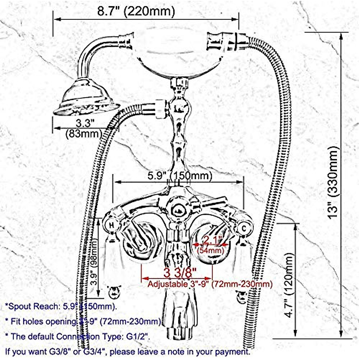 NZDY Faucet Polished Chrome Wall Mount Clawfoot Bathroom Tub Faucet Hand Shower Bathtub Mixer Tap Set