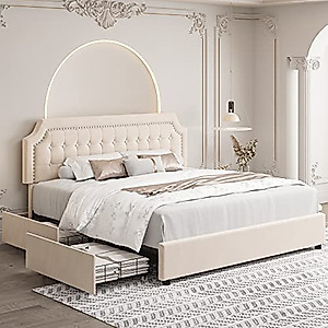 King Bed Frame with Storage and Adjustable Headboard, Bed Frame with 4 Drawers and Wooden Slats Support, No Box Spring Needed, Velvet, Beige