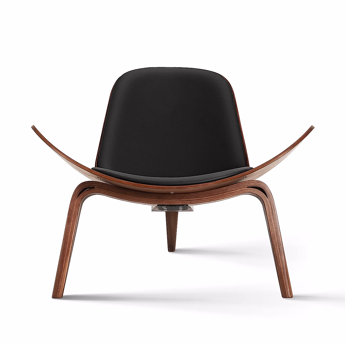 Furgle Mid Century Modern Chair Tripod Design Shell Chair with Black PU Leather Plywood Solid Wood Cute Accent Chair for Living Room, Reading Side Chair for Bedroom, Study, Office