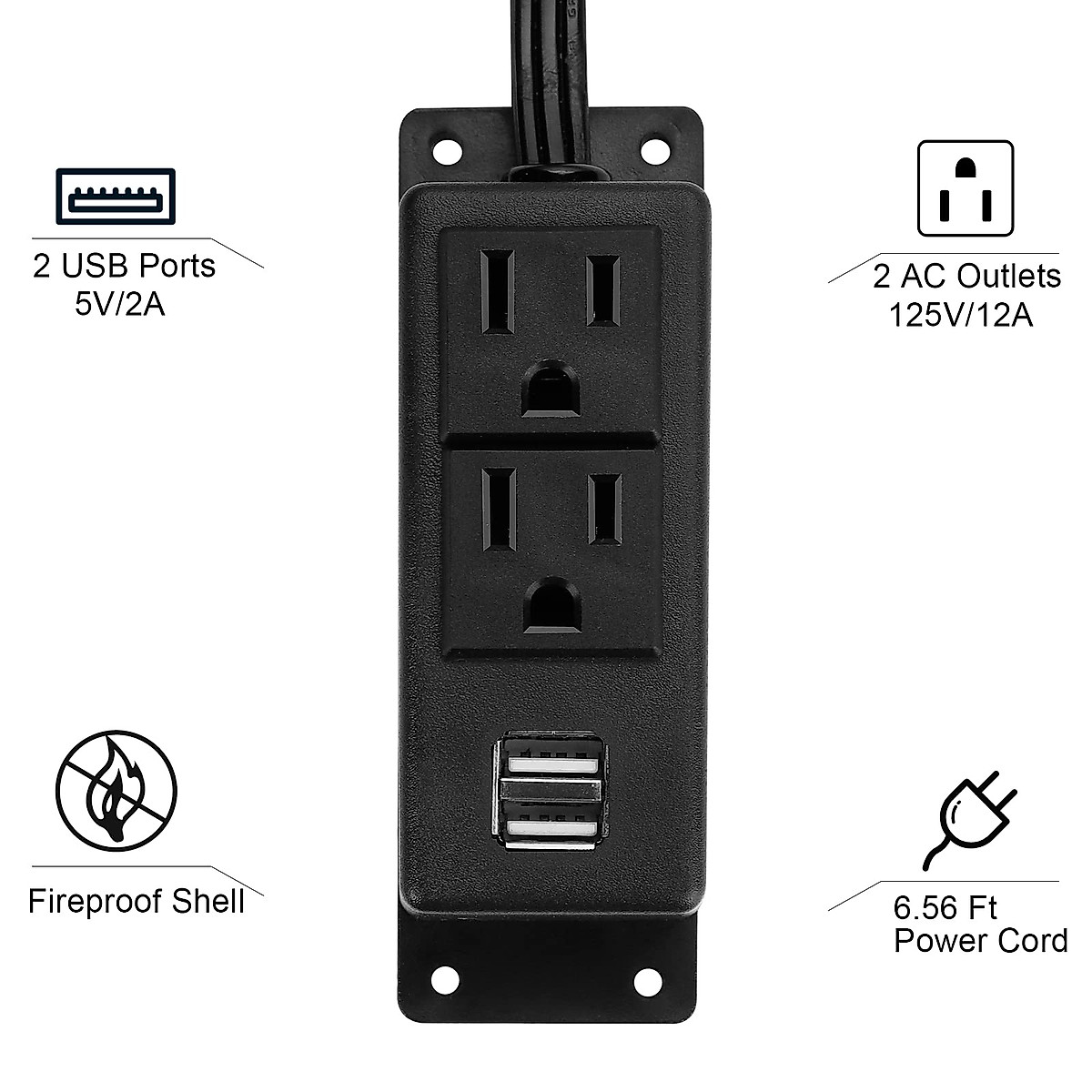 Power Strip with USB, BTU Desktop Power Outlet with 2 AC Outlets, 2 USB Ports, 6.56ft Extension Cord, Mountable Under Desk, Workbench, Nightstand, Dresser, Table, Black