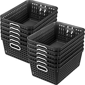 Really Good Stuff - 160016BK Multi-Purpose Plastic Storage Baskets for Classroom or Home Use - Stackable Mesh Plastic Baskets with Grip Handles 13" x 10" (Black - Set of 12)