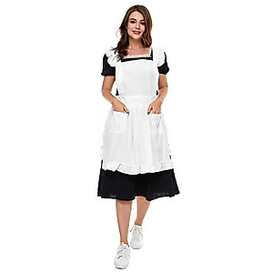 LilMents Retro Adjustable Ruffle Apron with Pockets, Small to Plus Size Ladies (White)