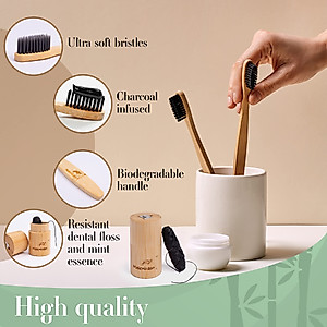 Bamboo Toothbrushes Set - Holder Charcoal Dental Floss,Interdental Brushes and Metal Tongue Scraper