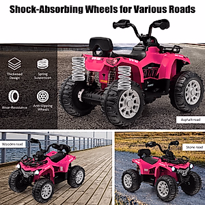 Costzon Kids ATV, 12V Battery Powered Electric Vehicle w/Music, Headlights, MP3, Spring Suspension, High & Low Speed, Treaded Tires, Storage Basket, Ride on 4 Wheeler Quad for 3-8 Years Old (Pink)