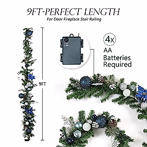 WBHome Pre-lit 9 Feet/108 Inch Christmas Garland, Navy Blue & Silver Lighted Garland with 50 LED Lights for Indoor Outdoor Xmas Decor Holiday Decorations, Battery Operated (Batteries NOT Included)