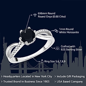 Gem Stone King 925 Sterling Silver Round Onyx and White Moissanite Ring For Women (0.88 Cttw, Gemstone Birthstone, Available In Size 5, 6, 7, 8, 9)