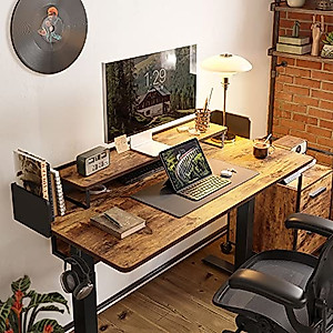 FEZIBO Electric Height Adjustable Standing Desk with Double Shelves, 48 x 24 Inch Home Office Desk with Monitor Stand and Storage, Sit Stand Lift Desk, Rustic Brown