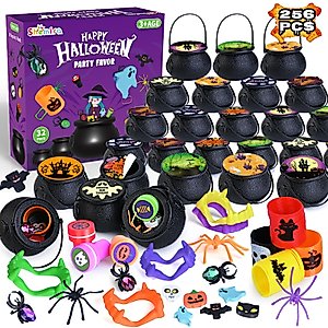 256 PCS Halloween Party Favors Bulk for Kids, 32 Pack Prefilled Witch Cauldrons with Halloween Toys, Halloween Goodie Bag Fillers, Halloween Party Supplies, Halloween Miniatures Novelty Toys