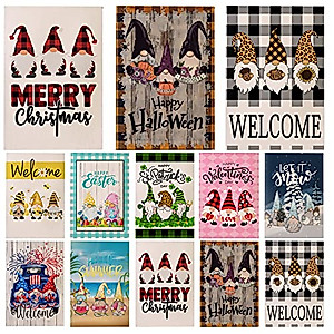 Set of 10 Gnome Seasonal Garden Flags, Double-side Printed Festival Yard Flag Vertical Burlap Gnome Garden Flags Colorful Welcome House Flag for Halloween Christmas Fall and More(12.6 x 18.1 inch)