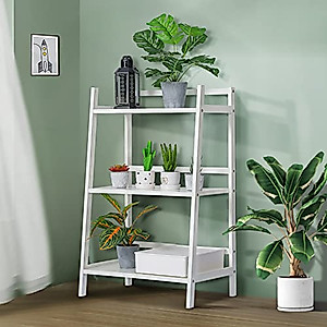MoNiBloom Ladder Shelf for Plant Flower Book, Bamboo 3-Tier Trapezoid Storage Shelf Organizer for Living Room Balcony Kitchen Bathroom Home Office, White