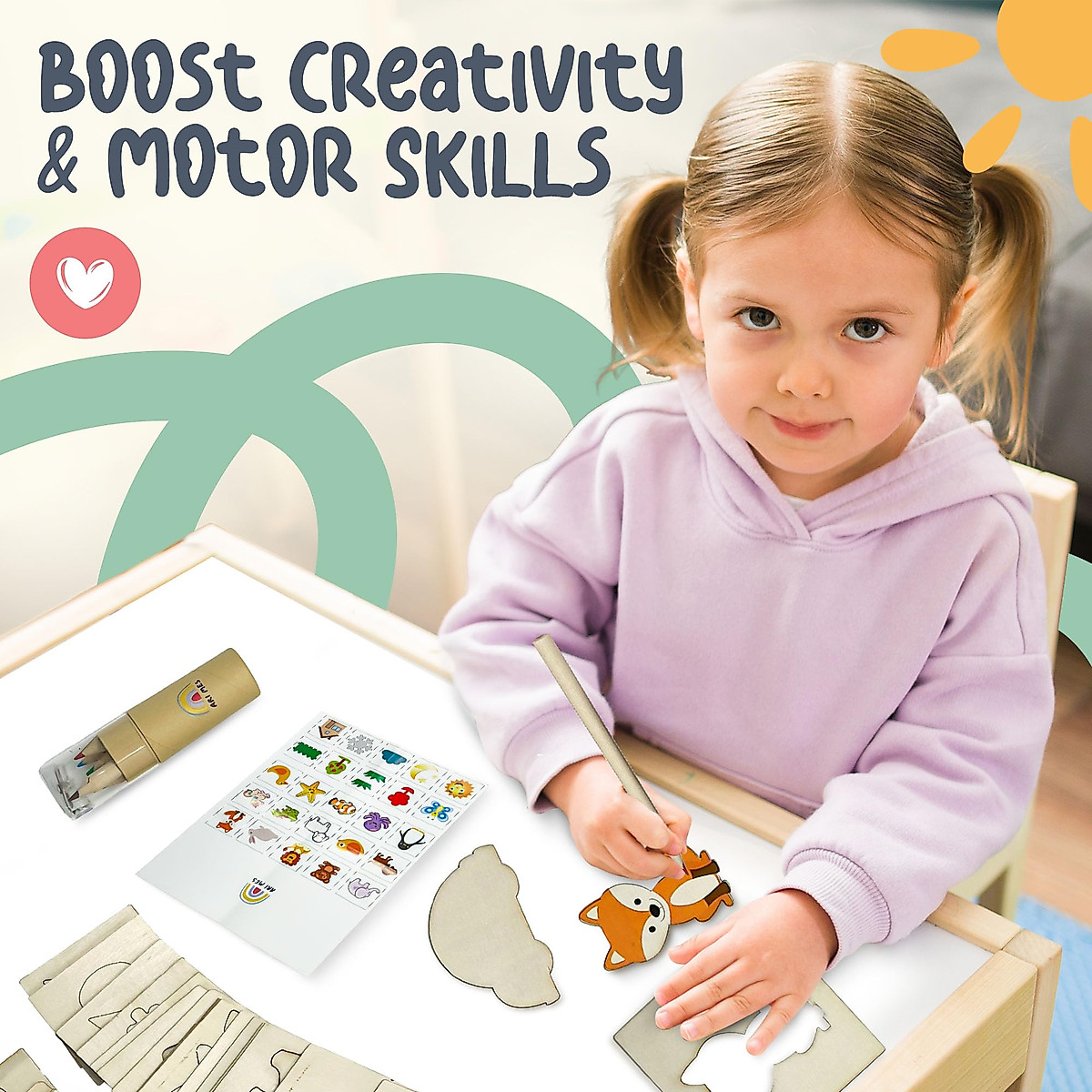 ARI MES - Wooden Stencils Drawing Kit for Kids, 50-Piece Art Stencils with Animal and Shape Stencils, Drawing Stencils, Complete Stencil Art Kit with Notebook, Markers & Bag, Stencils for Crafts