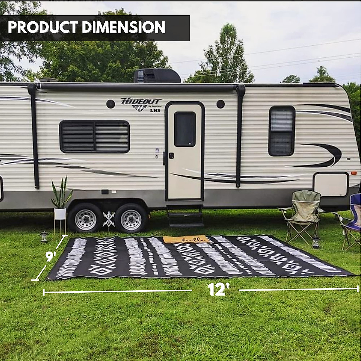 Glamplife Recycled Plastic Rug, 9x12 Rv mat, Black and White Camping Rugs for Outside Your RV, Large Indoor Outdoor Rugs for Awnings, Patio Rug, Outdoor Carpet Waterproof
