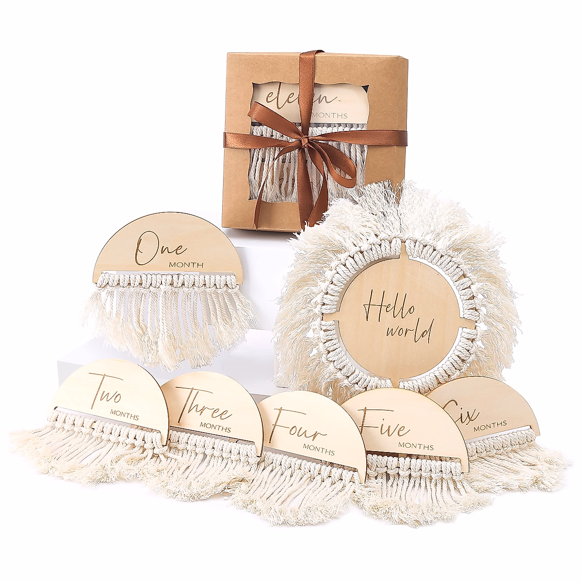 Boho Baby Monthly Milestone Cards | 7 Pcs Wooden Double Sided Discs from Newborn to 1 Year | Baby Gift Sets incl. Hello World Baby Birth Announcement Sign for Baby Shower & Photo Props
