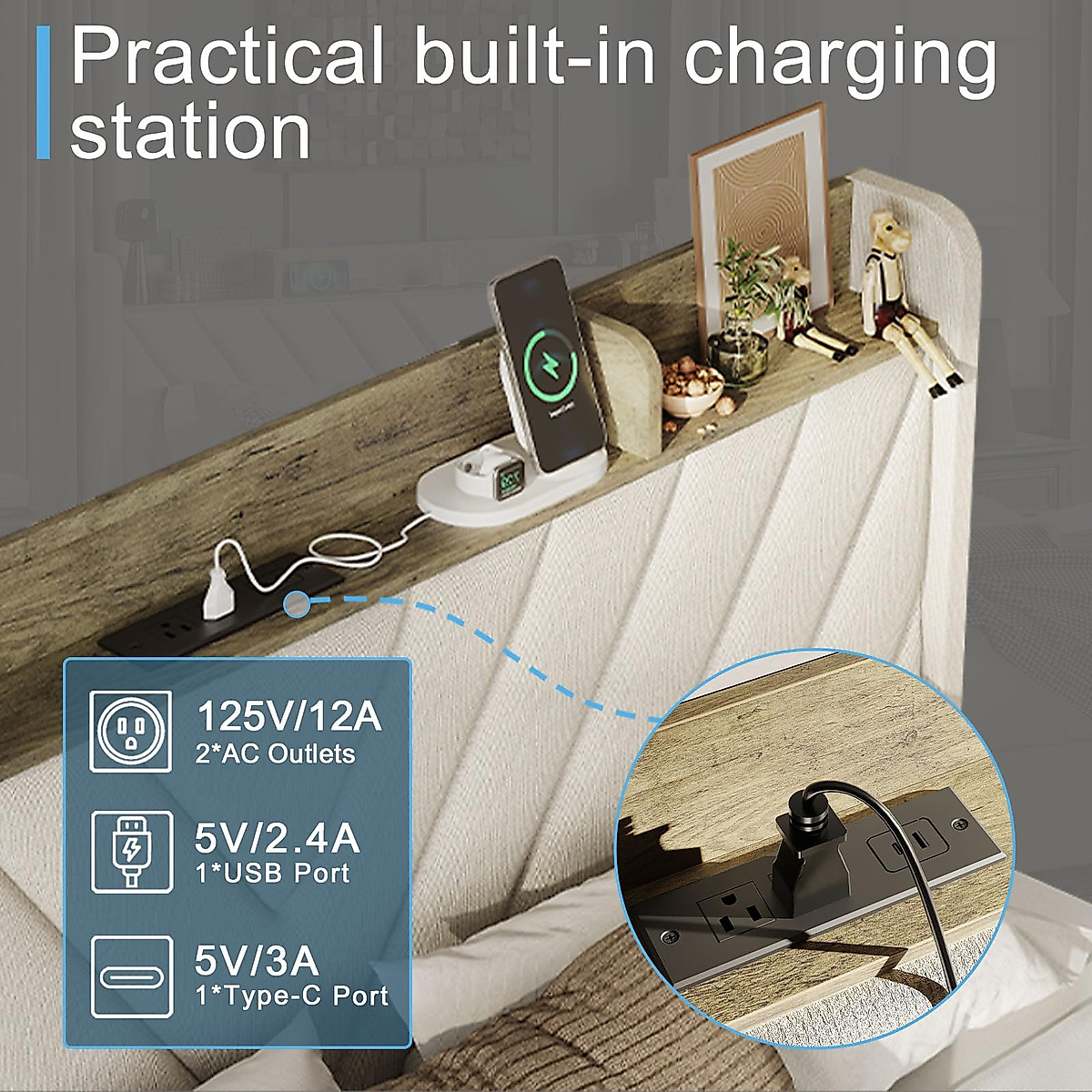 DIYSET Queen Bed Frame with Charging Station Headboard, Upholstered Platform Bed Strong Wooden Slats Support, with 4 Storage Drawers, Noise-Free, No Box Spring Needed, Easy Assembly, Beige