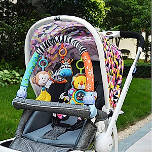 Adjustable Baby Travel Play Arch, Detachable Activity Musical Animal Toys Mobile for Bassinet Crib Stroller Pram Car Seat Mobiles Width Among 11.6-20.2 Inch with Rattles BB Squeaker Teether