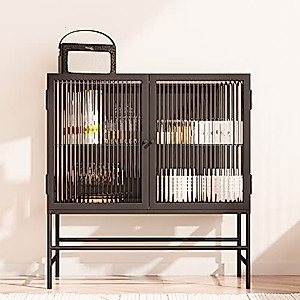 Modern Fluted Glass Buffet Cabinet, Sideboard Cabinet, Credenza with Storage Console Tables with Dual Door, Wine Bar Cabinet for Liquor for Dining Room, Living Room, Hallway (Black)