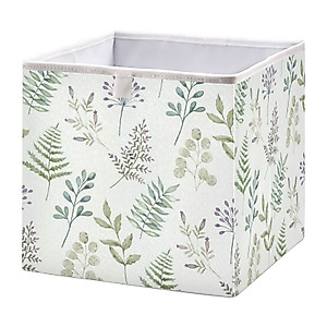 Kigai Storage Basket White Flowers Leaves Foldable Storage Bin 15.8 x 10.6 x 7 Inches Cube Storage Baskets Box for Shelves Closet Laundry Nursery Bedroom Home Decor