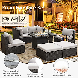 RADIATA PE Wicker Patio Furniture Set Sectional High Back Large Size Sofa Sets with Propane Fire Pit Table 55000 BTU Balcony Rattan Lounge Conversation Sets for Outdoor (7 Pieces,Light Gray)