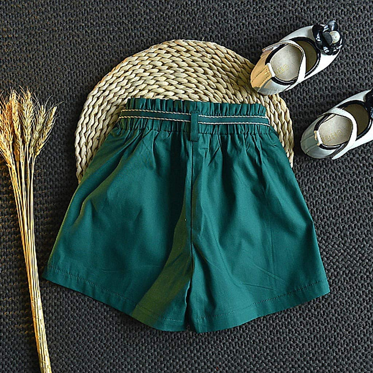 Guodeunh Baby Toddler Girls Summer Outfits Kids Flower Print T-Shirt Sleeveless Top Belt Shorts Pants Set(Green,6-7Years)