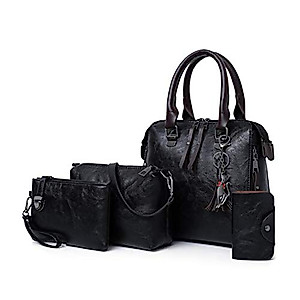 GJGJTER Synthetic PU Leather Tote for Women Satchel Crossbody Hobo 4pcs Handbags Shoulder Bags Tassel Fox Ornament-Black