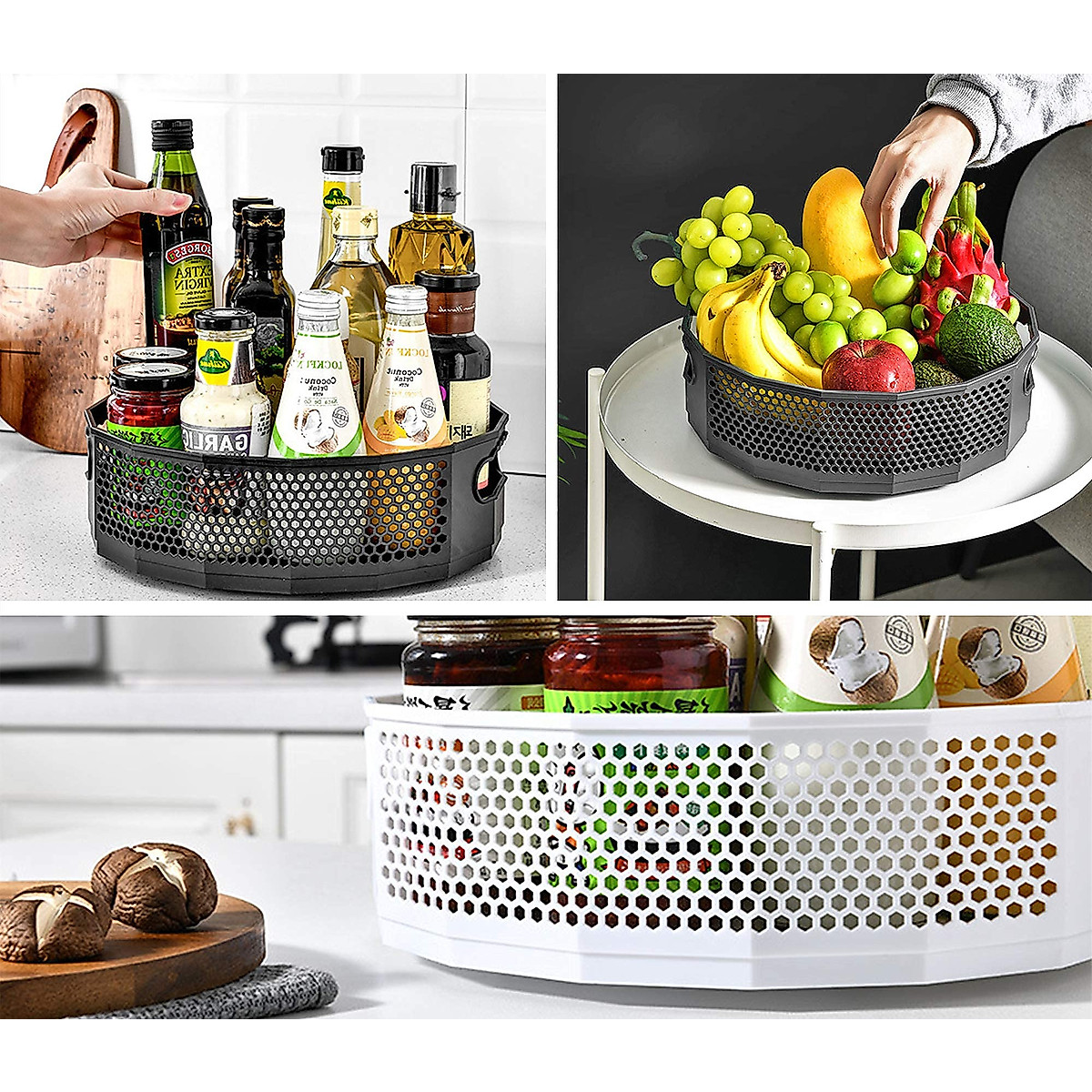 YEAVS 2 Pack Spinning Lazy Susan Turntable, Deep Plastic Spice Condiment Holder Makeup Organizer Multifunctional for Kitchen Fridge Bathroom Counter Top (Black)