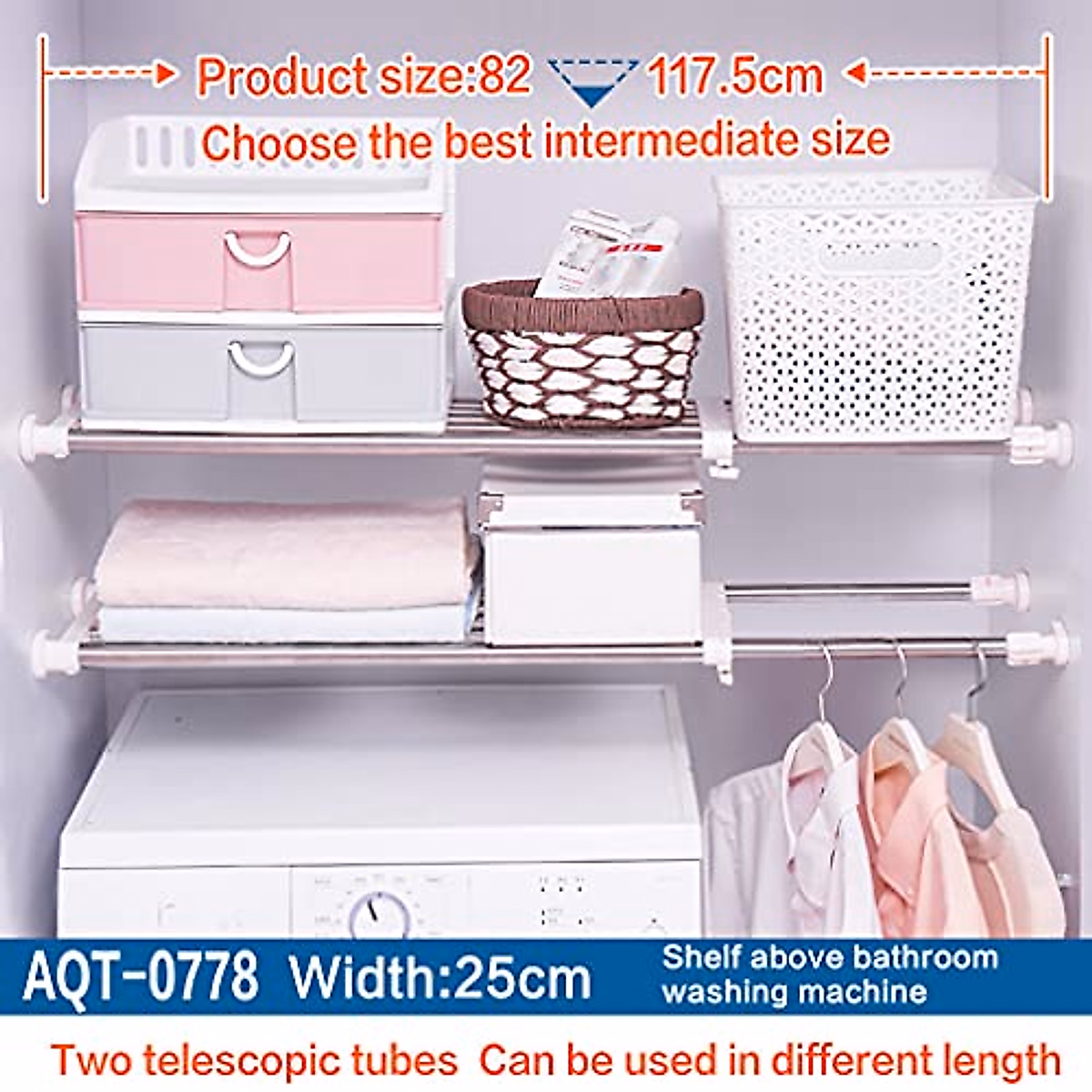 Hershii Expandable Closet Tension Shelf Rod Adjustable Storage Rack Heavy Duty DIY Organizer Divider for Wardrobe Cupboard Kitchen Bathroom