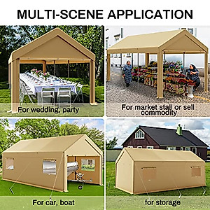 Cityflee Carport, 10'x 20' Heavy Duty Carport Canopy with Roll-up Ventilated Windows, Portable Garage with Removable Sidewalls & Doors for Car Truck Boat, Waterproof Car Shelter, Khaki