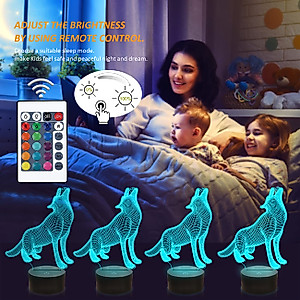 FULLOSUN Wolf Gift 3D Light, Optical Illusion Bedside Night Lamp, 16 Color Changing with Remote Control Creative Room Decor Best Birthday for Kids Boys Men