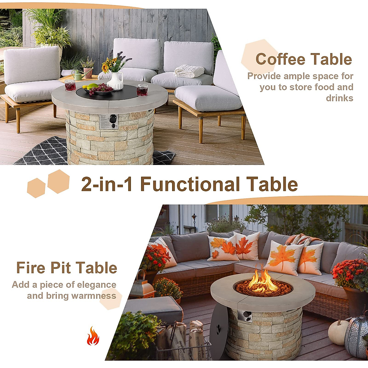 Giantex Propane Gas Fire Pit Table - 2-in-1 Outdoor 36” Round Fire Table W/Volcanic Rock & PVC Cover, Stainless Steel Burner, 50,000 BTU Heat Output, Faux Stone Surface Outside Fireplace for Patio