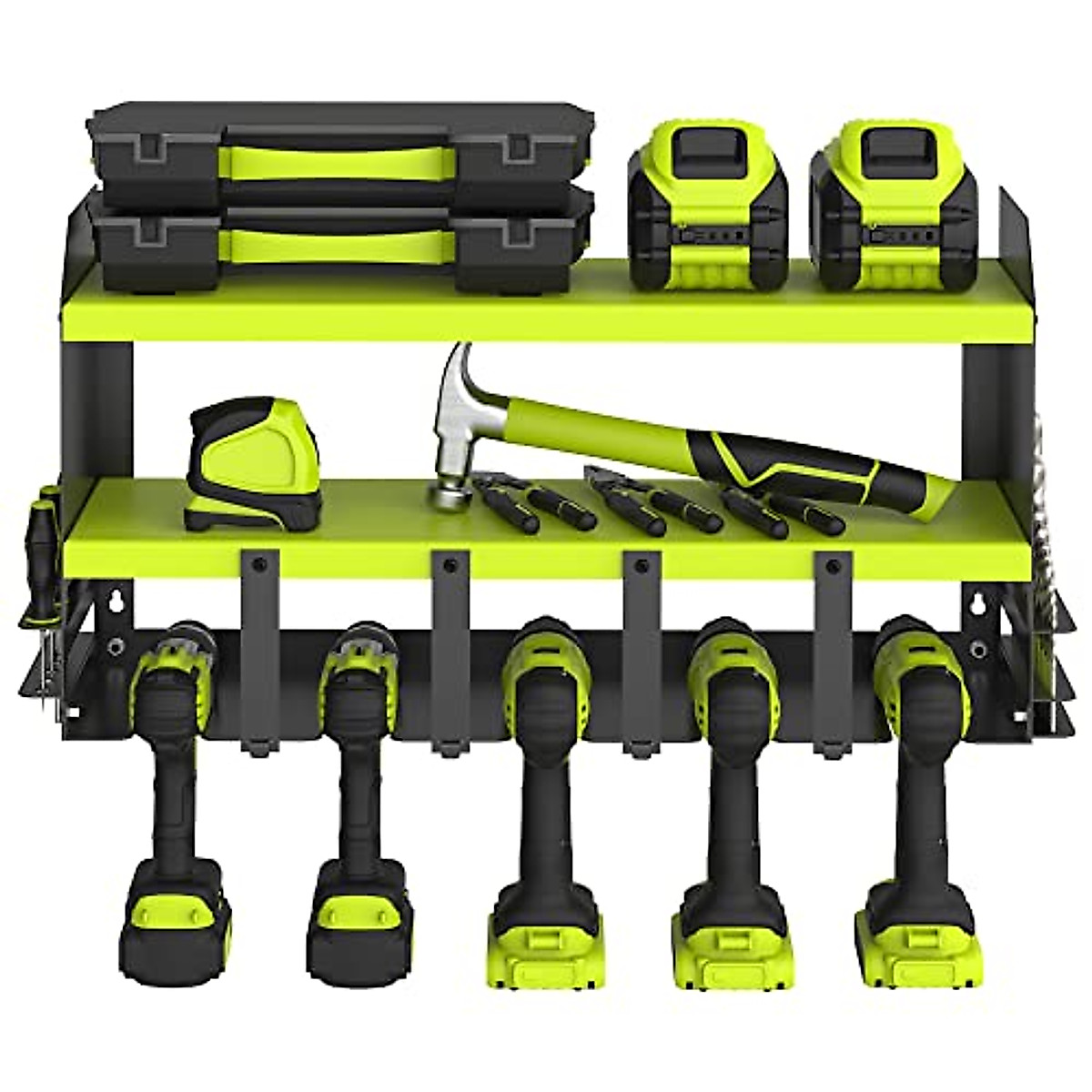 S SKSTYLE Power Tool Organizer - 5 Drill Holder, Wall Mount Shelf, Drill Shelf, Tool Shelf, Jobber Bit Workshop Rack - Premium Garage Storage & Organization, Cordless Drill Charging Station, Green