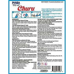 INABA Churu Cat Treats, Grain-Free, Lickable, Squeezable Creamy Purée Cat Treat/Topper with Vitamin E & Taurine, 0.5 Ounces Each Tube, 20 Tubes, Seafood Variety