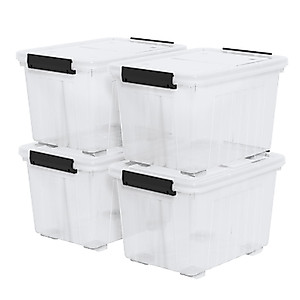 Zopnny 30 Quart Plastic Stacker Box, Large Storage Bin Container with Latching Lids and Wheels for Home and Garage Organizing, Shoes, Tools, Clear Base, 4-Pack