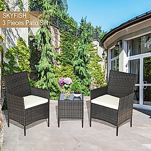Skyfish 3-Piece Outdoor Patio Furniture Rattan Conversation Set with Wicker Chairs and Coffee Table for Patio Garden Lawn Backyard Pool (Brown)