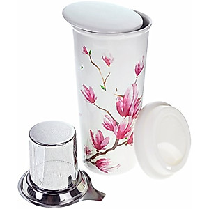 Willow & Everett 16oz Ceramic Travel Mug with Lid. Magnolia Double-Walled Tea Cup with Tea Infuser and Bonus Silicone Top. Tall Coffee and Tea Mug Tea Cups Loose Leaf Tea - Tea Mugs Tea Steeper