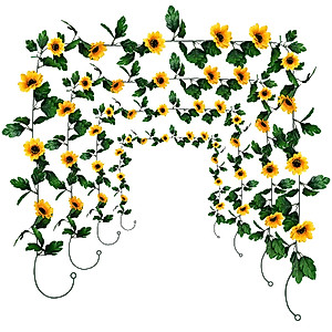 4Pcs 33FT Artificial Sunflower Green Leaves Vines, Hanging Sun Flower Garland Fake Foliage, Plant Leaves Yellow Flowers String Vine for Wedding Table Home Birthday Party Kitchen Garden Decor (B)