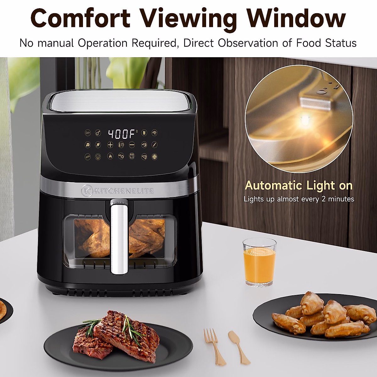 Kitchen Elite Air Fryer Oven with View Window, 9.5QT XL Large Airfryer Stainless Steel, 400°F Temp, 1min/Time Control, 9 1-Touch Cooking Presets, Nonstick, Automatic Light, Panel Tilt Friendly, 1700W