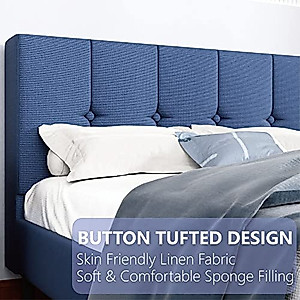 Twin Size Upholstered Platform Bed Frame with Button Tufted Stitched Headboard, Fabric Mattress Foundation with Metal Wood Slat Support, No Box Spring Needed, Noise Free Design, Easy Assembly, Blue